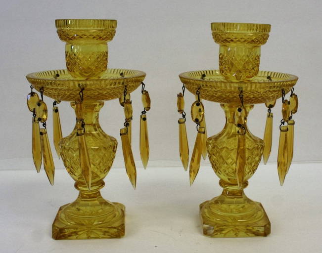 Pair Of Yellow Cut Glass Candlesticks