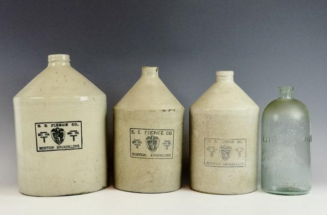 Antique Stoneware, Glass Advertising Jugs, (4pc)