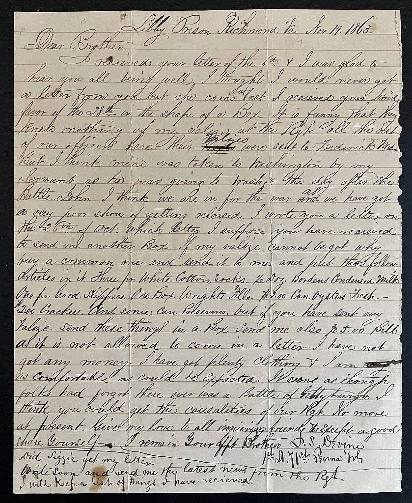 Usa Pow Letter, 71st Pa, Libby Prison, 1863 Auction