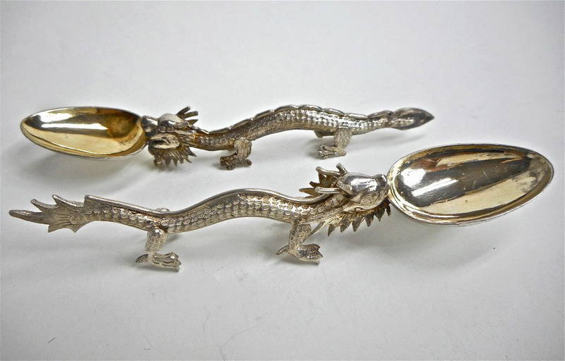 Pair Chinese Silver Dragon Spoons