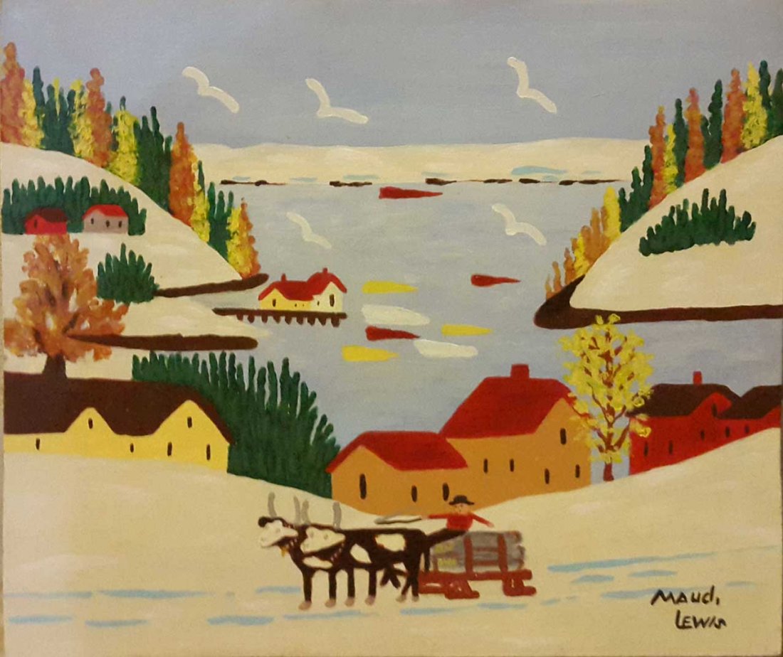 MAUD LEWIS CANADA OIL ON Panel-WINTER LANDSCAPE-SIGNED