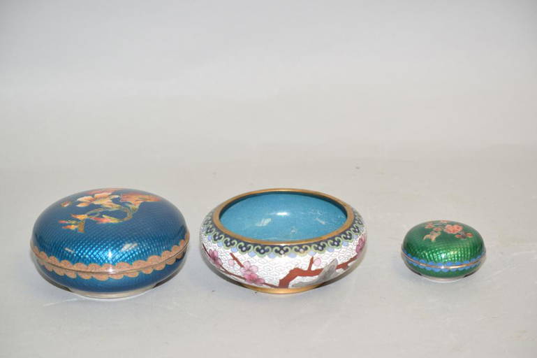 Three Chinese Cloisonne Stamp Ink Boxes And Brush