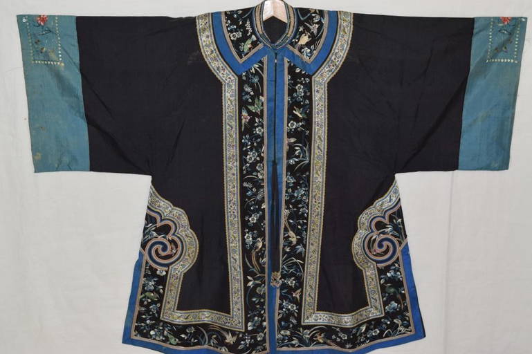 18 19th C. Chinese Black Silk Dragon Embroidered Robe