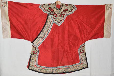 Chinese Red Silk Embroidered Dragon Robe