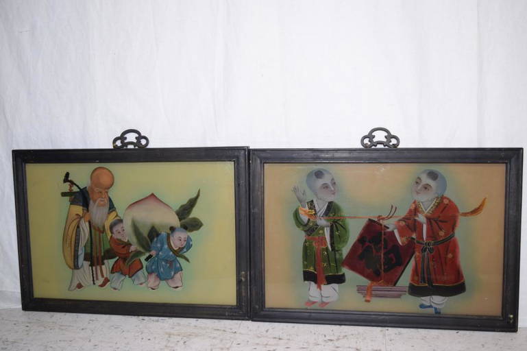 Pr. Of 19 20th C. Chinese Reverse Painted Glass Screens