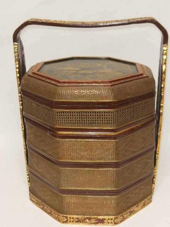 Qing Chinese Gilt Bamboo Weaved Lacquer Snack Box Auction