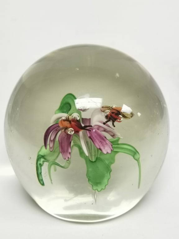 Unmarked Bee And Flower Glass Paperweight Auction