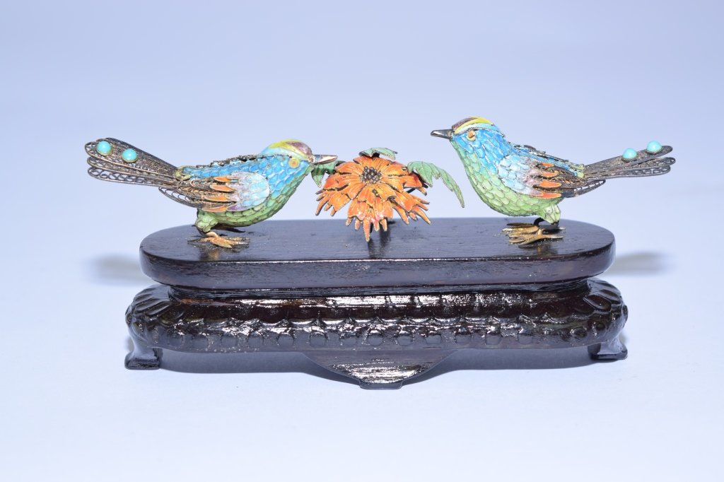 Chinese Enamel Over Silver Birds And Flower