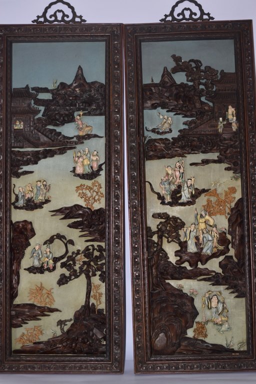 Pair of Chinese Wood Carved Bone Inlaid Panels