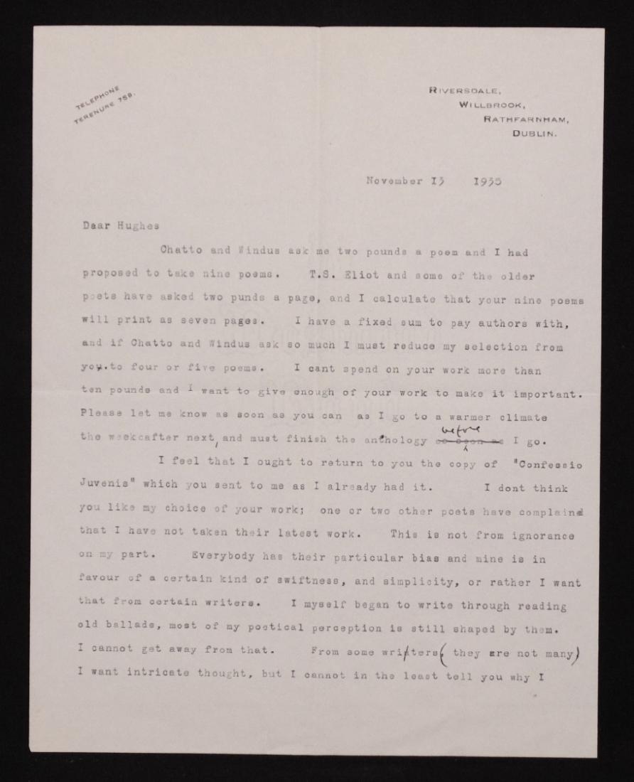 William Butler Yeats, Typed Letter Signed, 1935