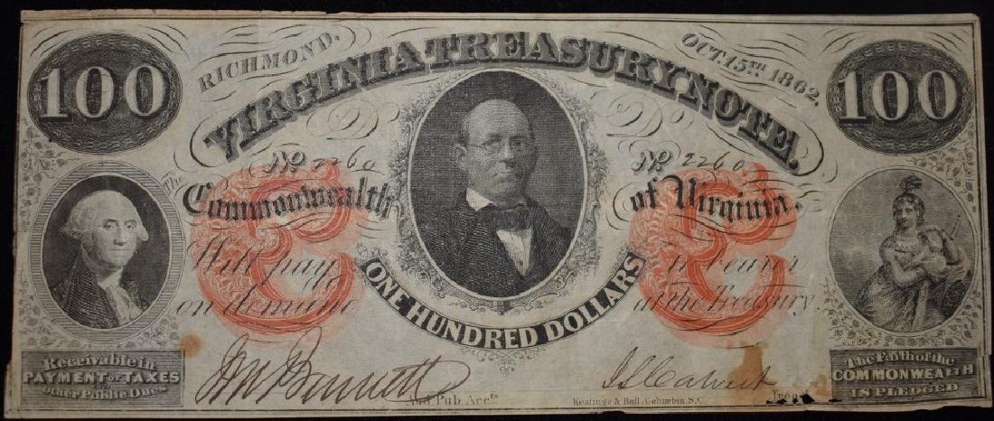 1862 $100 Virginia Treasury note