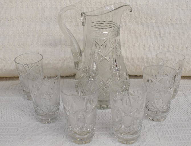7 Piece Cut Lead Crystal Water Pitcher Set, Pitcher & 6