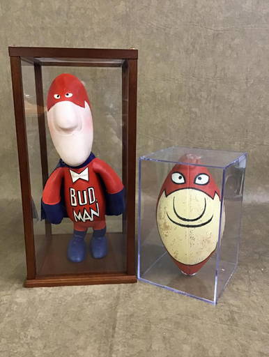 Budweiser Budman And Rare Budman Football In Display