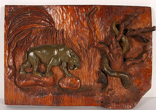 677: Carved Bas-Relief. Tiger, Snake & Tree.