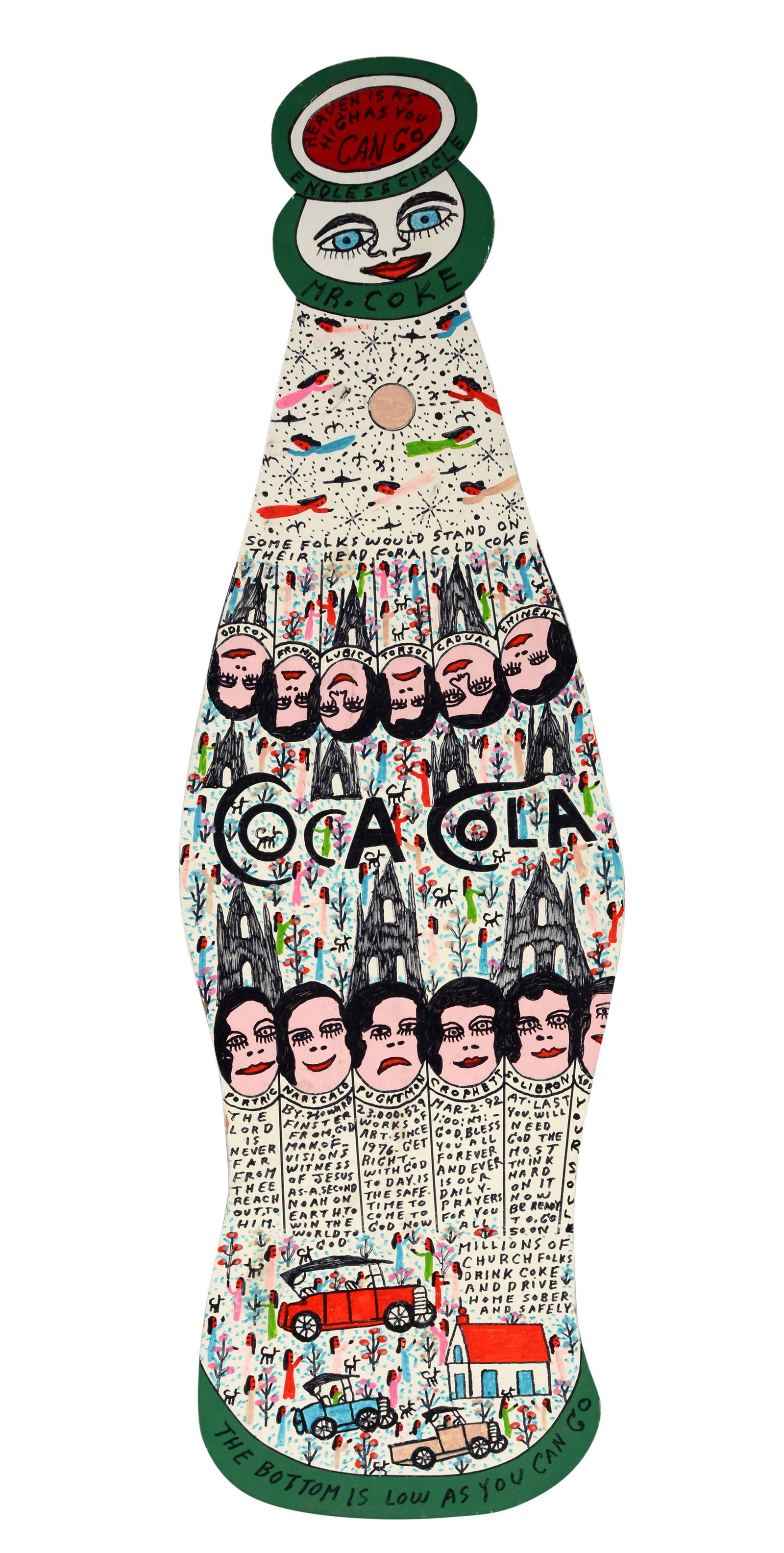 Howard Finster. Coca Cola Bottle With 2 Portraits.