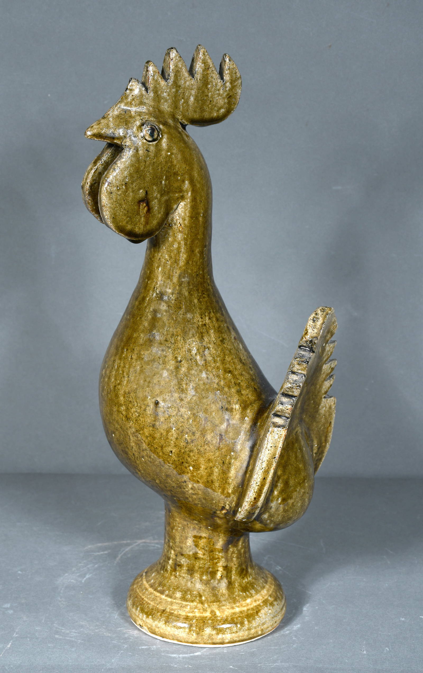 Edwin Meaders. Early Ash Glaze Green Rooster. Auction