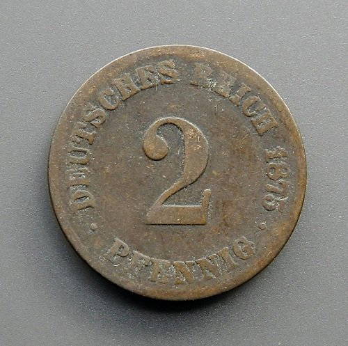 . 2 Pfennig Coin From 1875 German Empire.