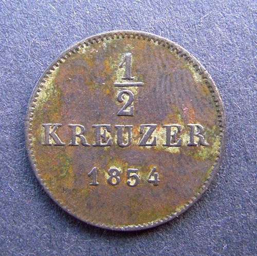 . 1/2 Kreuzer Coin. Made In 1854. Made In German