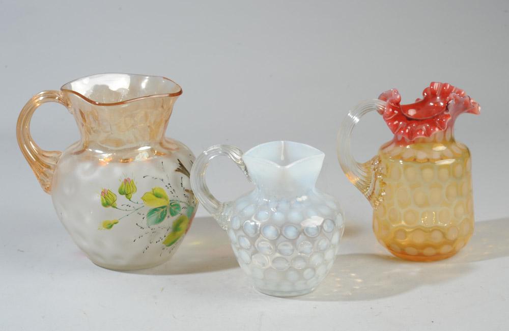 Three Victorian Art Glass Pitchers