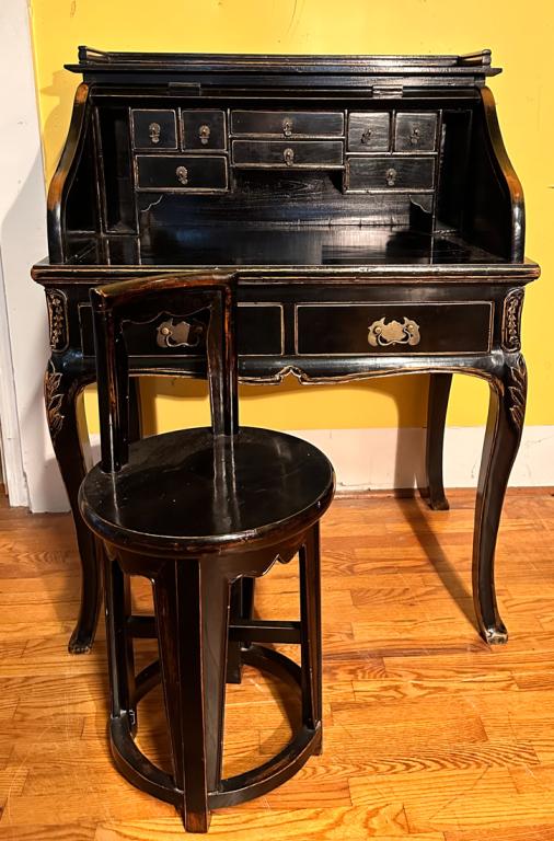 Chinese Roll Top Desk With Chair