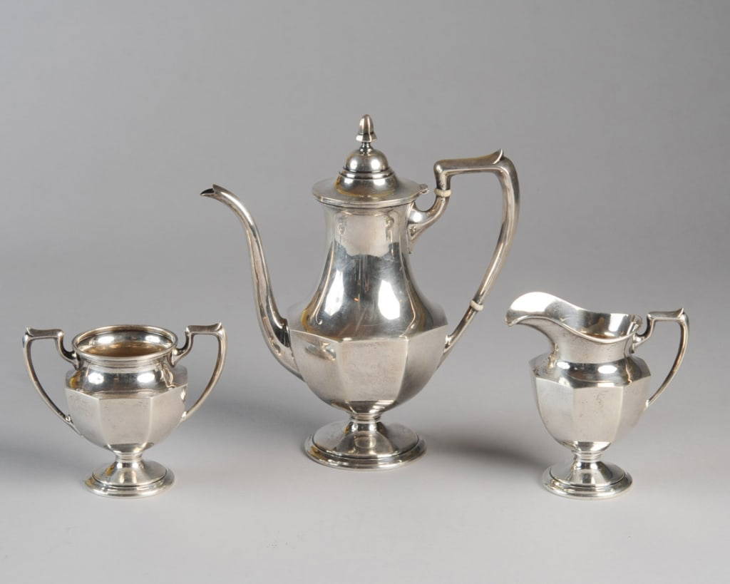 Fischer Colonial Sterling Teapot, Sugar & Creamer Auction