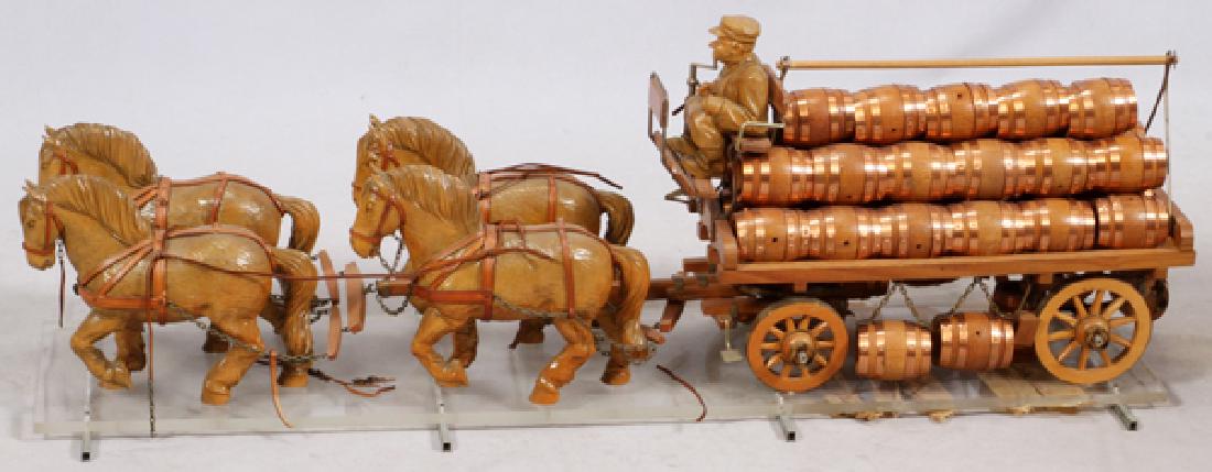 Carved Wood Model Of A Horse Drawn Beer Wagon