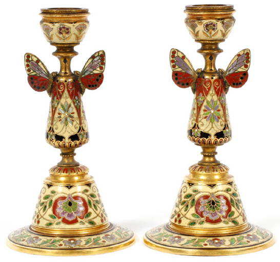 Champleve Enamel & Bronze Candlesticks By Elkington