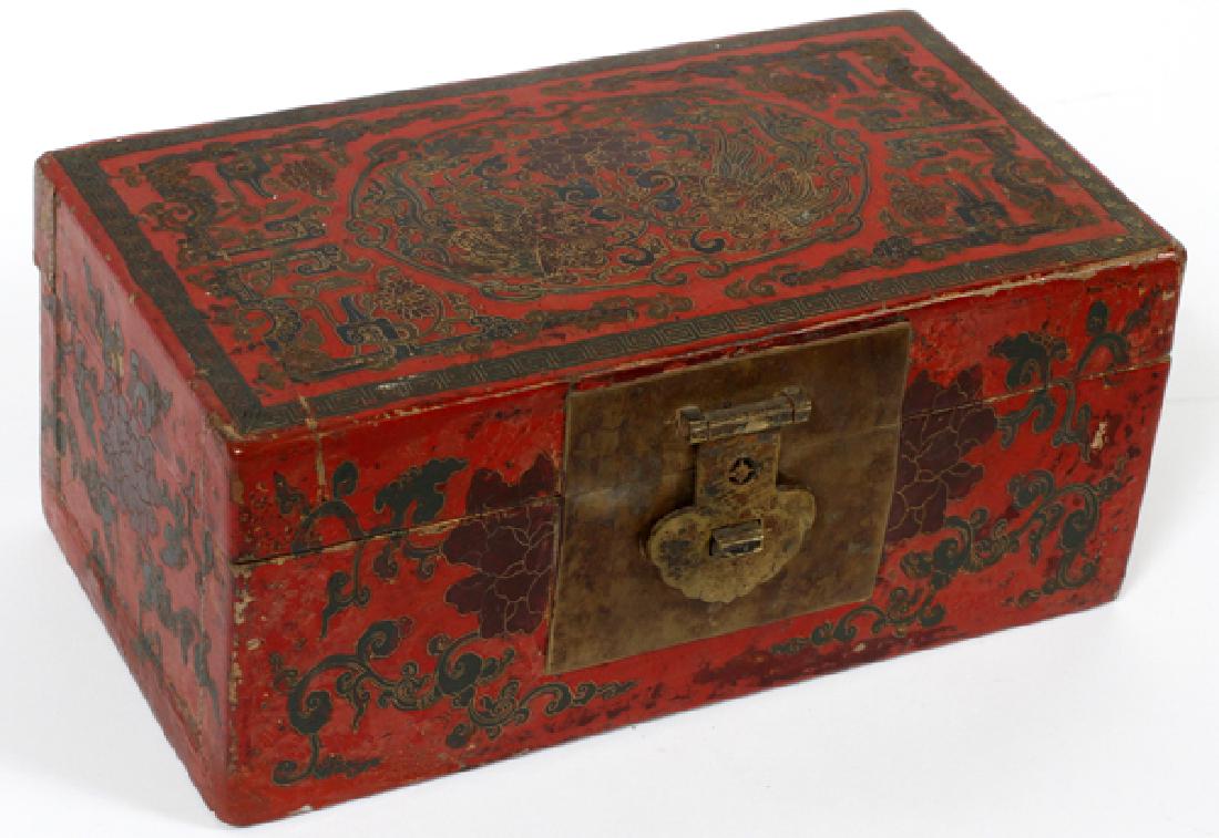 CHINESE RED LACQUER HINGED BOX H 5", W 6", L 11"