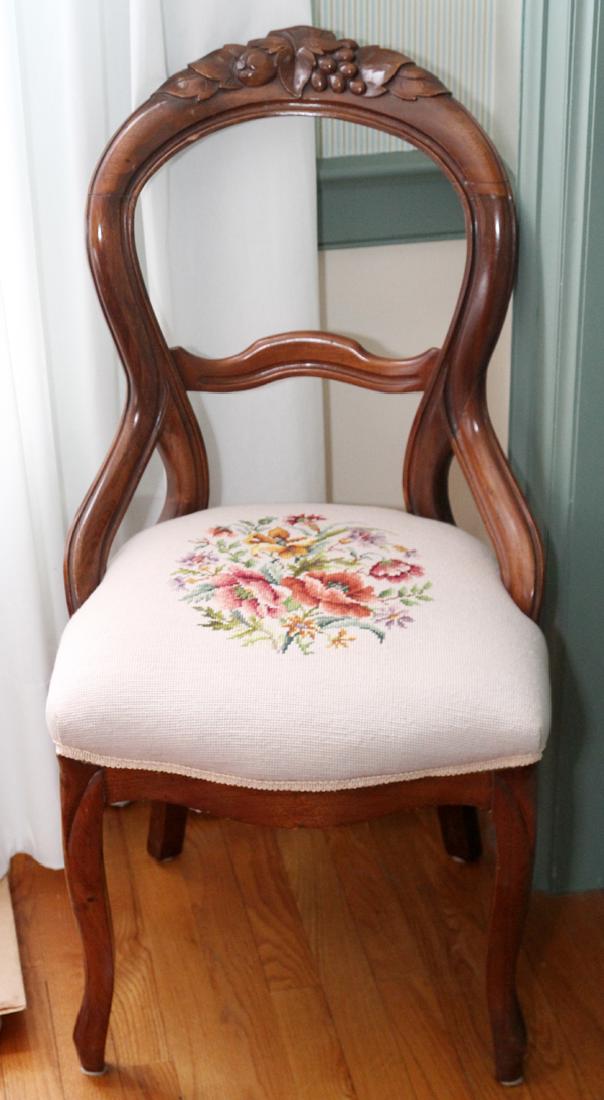 VICTORIAN BUSTLE-BACK WALNUT CHAIRS, THREE, H 37"