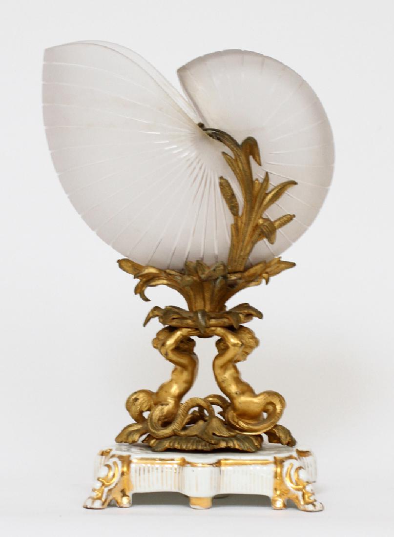 FROSTED GLASS NAUTILUS SHELL, BRONZE MOUNTS