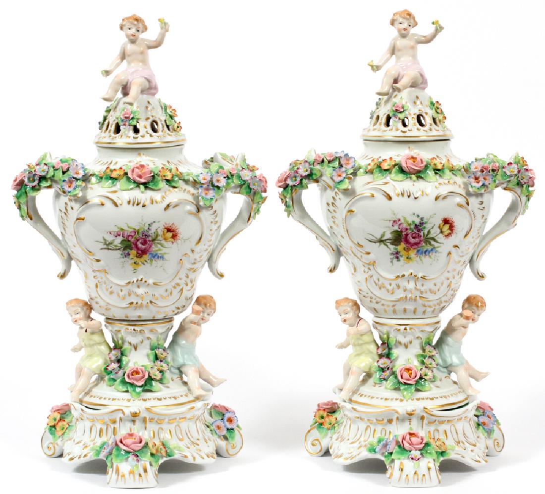 Sitzendorf Porcelain Urns & Base, Pair