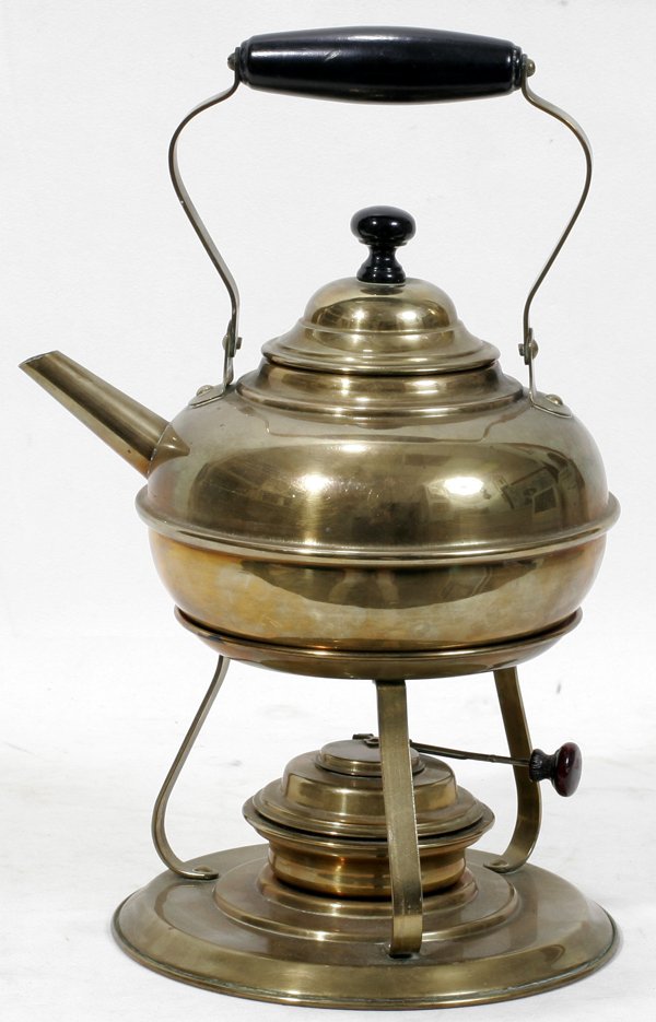 082470: S. STERNAU BRASS WATER KETTLE W/BURNER, STAND