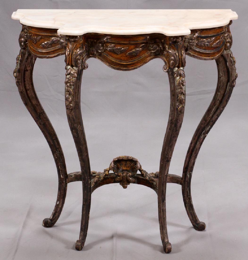 PAINTED & CARVED WOOD CONSOLE TABLE, ALABASTER TOP