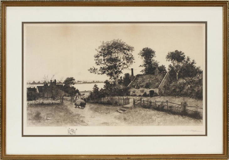 Signed Etching On Paper Riverfront Homestead