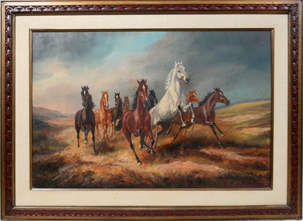 Hans Riedmann Oil On Canvas, Wild Horses