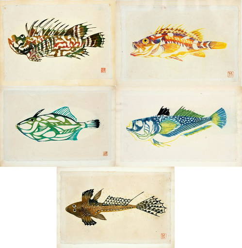 Japanese Woodblock Fish Prints, Set Of Five