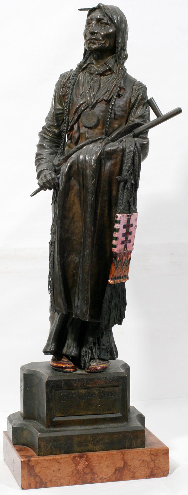 042128: CARL KAUBA BRONZE SCULPTURE 'CHIEF WOLF ROBE'