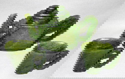 Chinese Carved Spinach Jade Tea Set, Three Piece