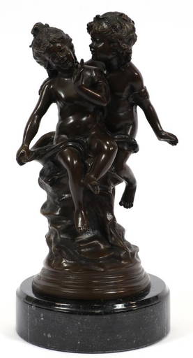 Modern Cast Bronze Sculpture, H 11", W 5" Cherubs