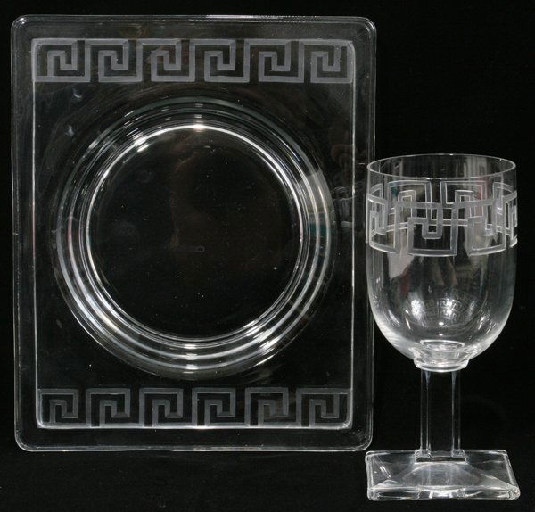 031529: 'GREEK KEY' GLASS RECTANGULAR PLATES & GOBLETS