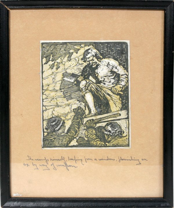 040446: PAUL HONORE WOODBLOCK MAN LEAPING FROM WINDOW
