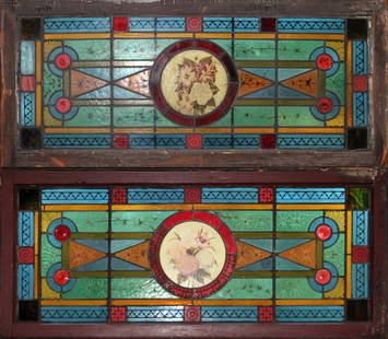 5 British Stained Glass Windows Red & Green Centers