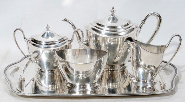 100278: PAIRPOINT SILVER PLATE TEA SET, FIVE PIECES,