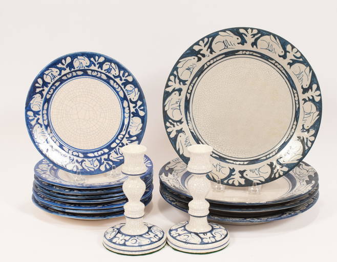 Dedham Pottery Plates (8) And (4) + Candlesticks,