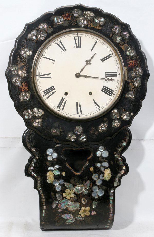 021009: FRENCH PAPIER MACHE & MOTHER-OF-PEARL CLOCK