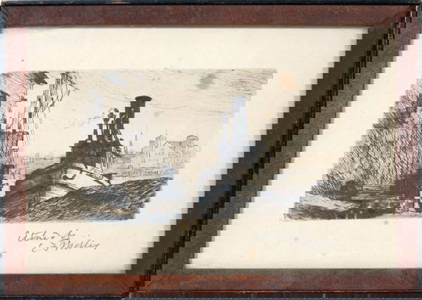 E.f. Miller, Etching, 3 1/2" X 6", Harbor Scene