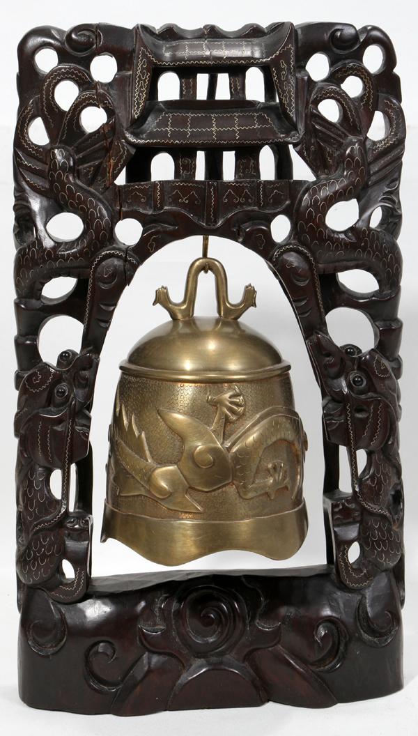 111328: CHINESE TEMPLE BELL IN CARVED WOOD FRAME, H 15"