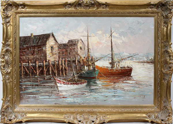 122253: CHRISTO, OIL ON CANVAS, HARBOR SCENE, 24" X 36"