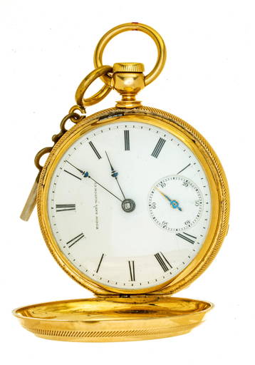 Elgin 18k Yellow Gold, Key Wind Pocket Watch 1868 Dia 2"
