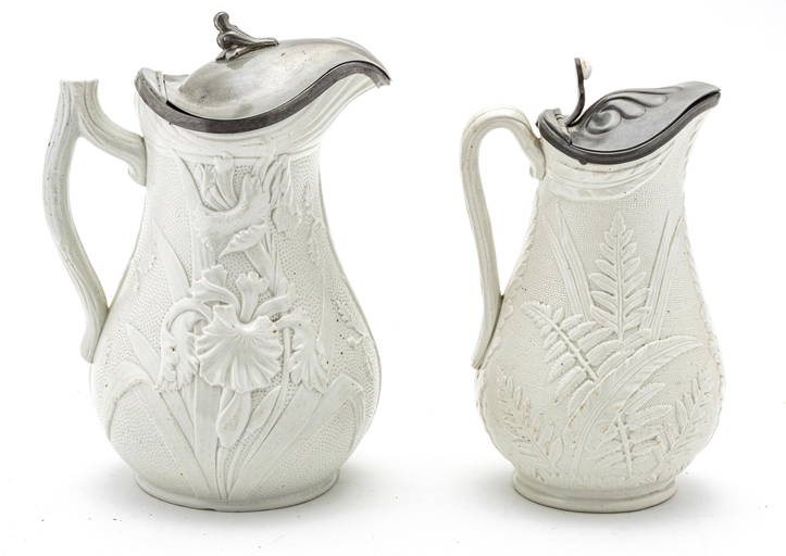 GERMAN SALT GLAZE AND PEWTER PITCHERS, 19TH.C. TWO H 8.5", 10" (#030286 ...
